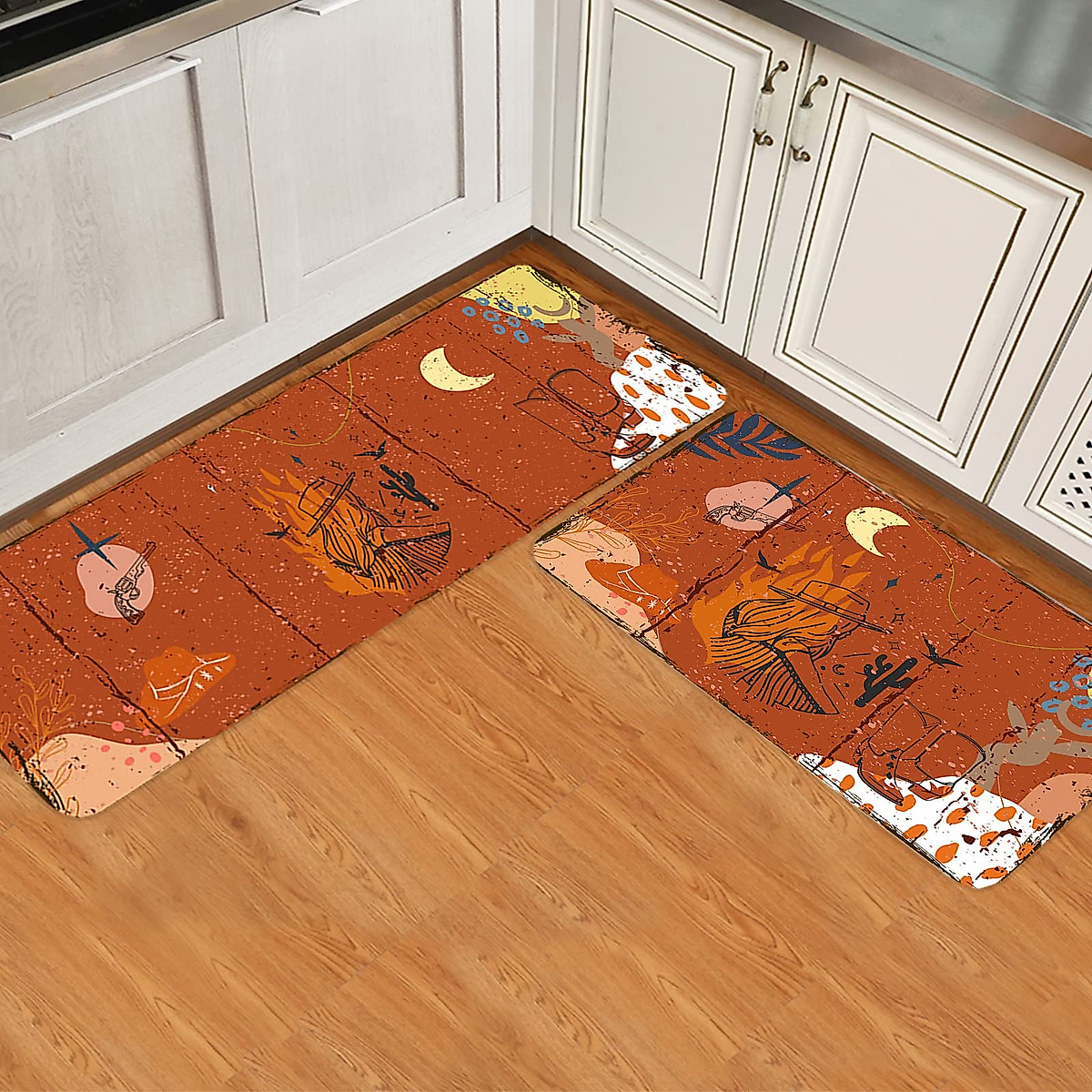 ZOE GARDEN Vintage Boho 2 Pcs Kitchen Rug Set, Non-Slip Kitchen Mats and Rugs Comfort Floor Door Mat Doormat, Old World Western Cowboy Abstract Plant Throw Bath Runner Rug Mat Extra Long