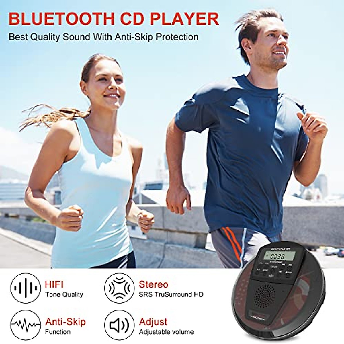Rechargeable CD Player Portable with Bluetooth,Compact Anti-Skip Shockproof Portable CD Player with Earphone,Walkman CD Player with Stereo Speakers&LCD Display for Car/Home/Travel (AUX Output)