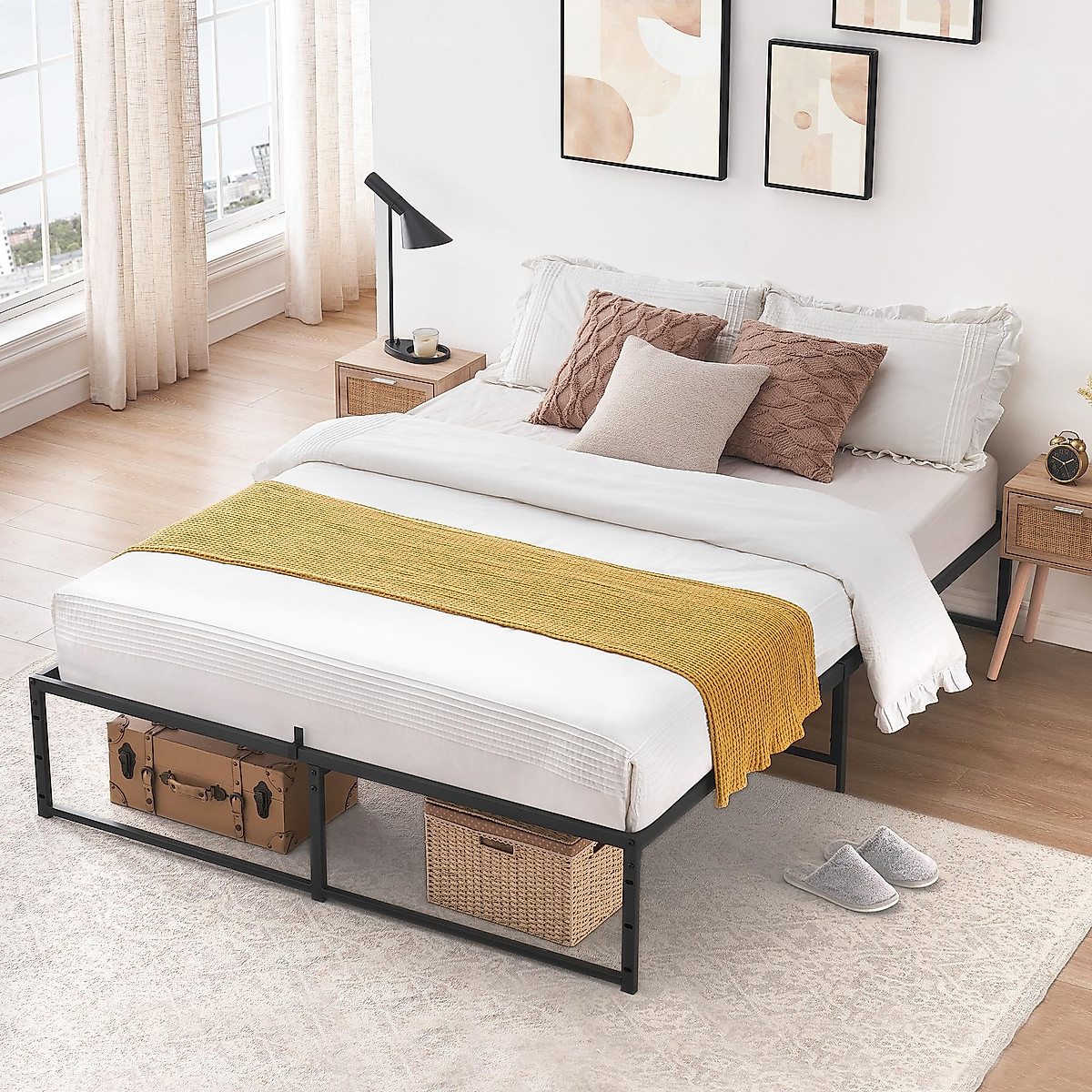 IDEALHOUSE Queen Size Bed Frame, Ultra Sturdy Metal Queen Bed Platform Frame with 3 in 1 Steel Support, 14 inch No Box Spring Needed Easy to Assemble Black Bedframe - Queen