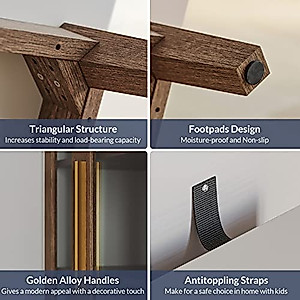 BELLEZE Sideboard Buffet Cabinet, Modern Curio Cabinet 3-Tiers Console Table for Kitchen Glass Display Cabinet Storage/Pantry Cabinet Coffee Bar for Living Room Bedroom Entryway, Brown