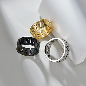 Elefezar Openwork Roman Numerals Ring for Women Stainless Steel 8MM Wide Wedding Band Plated Jewelry Silver 10