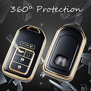 WSAuto for Honda Key Fob Cover Soft 4 5 Buttons TPU Protection Key Case Shell with Fashion Gold Bling Keychain Compatible with Civic Accord Pilot CRV HRV CRZ Fit Odyssey Ridgeline JED Crosstour Black