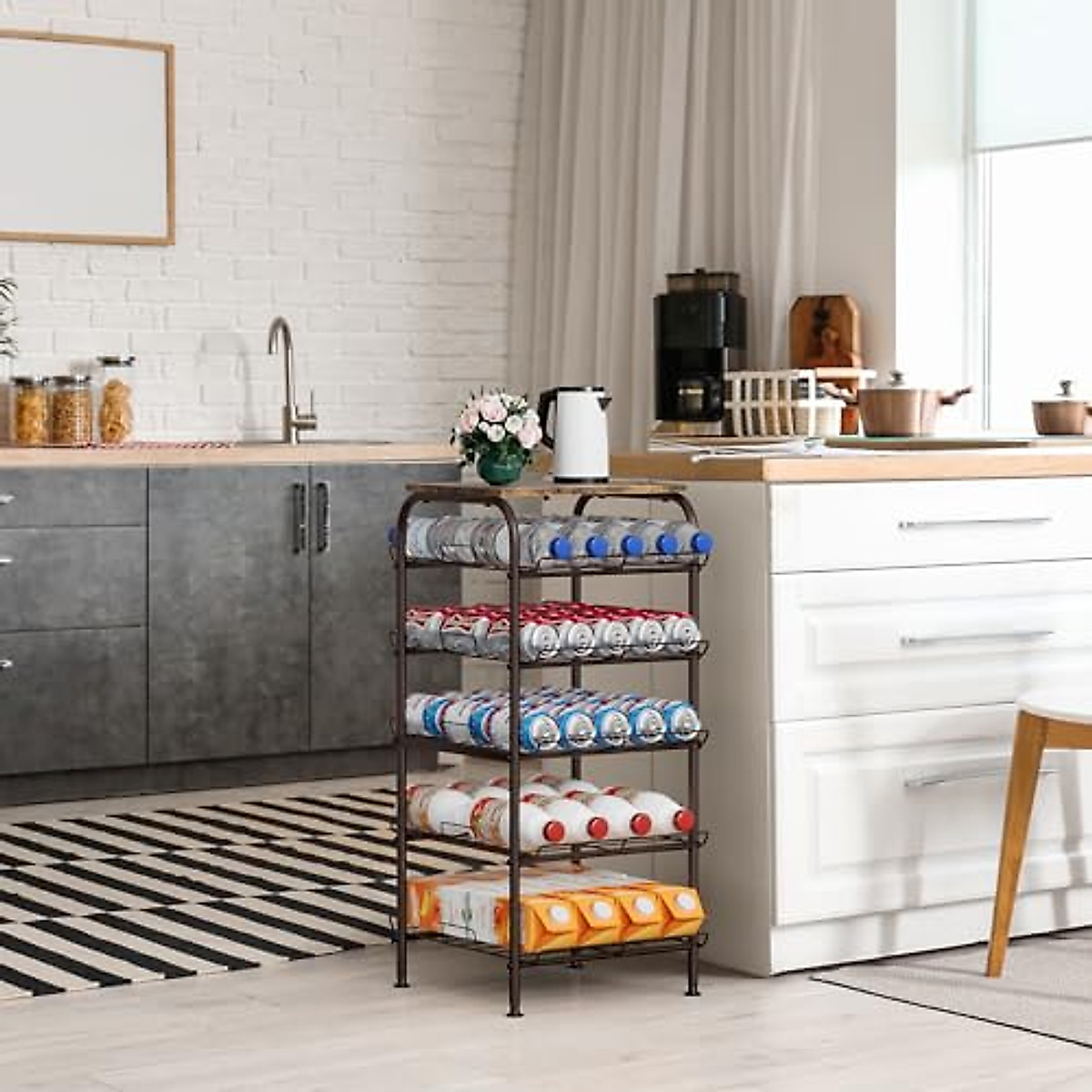 smusei Water Bottle Organizer 5 Tier Free Standing Water Bottle Holder Rack Large Capacity Bottled Water Storage Rack Metal Soda Can Beverage Drink Stand Shelf for Kitchen Pantry Office, Brown