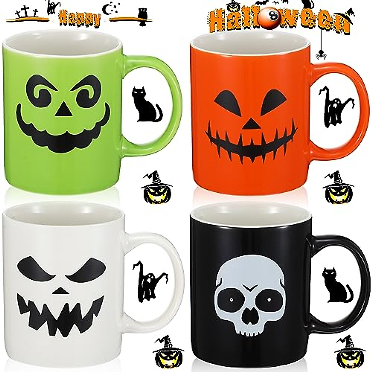 Zhehao 4 Pieces Halloween Mugs 15oz Mug Set Halloween Coffee Mugs with Handle Halloween Ceramic Matching Mugs for Home School Office Table Centerpieces Housewarming Holiday Party Gift (Scary Style)