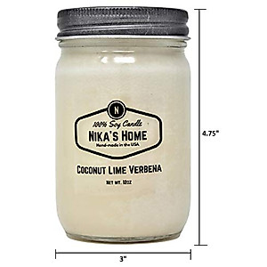 Nika's Home Coconut Lime Verbena Soy Candle - 12oz Mason Jar - Non-Toxic Soy Candle-Hand Poured Candle- Handmade, Long Burning Candle-Highly Scented Candle-All Natural, Clean Burning Candle