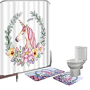Amagical 3 Pieces Shower Curtain Set Bathroom Mat Set Unicorn Printed Bath Mat + Contour Mat + Shower Curtain + 12 Hooks