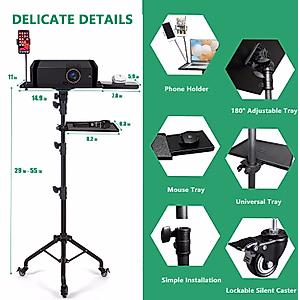 Asltoy Projector Tripod Stand with Wheels Adjustable Height Laptop Tripod Stand Treadmill Laptop Stand with 2 Shelves Mouse Tray Phone Holder Projector Tripod Music Stand Office Home Portable Laptop Floor Stand