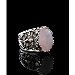 Filigranist 925 Sterling Silver Filigree Art Lace Embroidery Tulip Detailed Women Cocktail Ring with Rose Quartz Gemstone, Luxurious Gift Packed (Rose Quartz, 8)