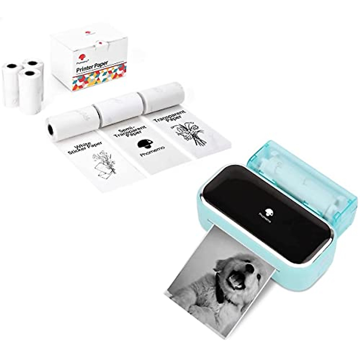 Phomemo M03 Green Photo Printer- Bluetooth Thermal Photo Printer with 6 Roll 2 Inch White/Transparent/Semi-Transparent Thermal Paper, Compatible with iOS + Android for Photos, Journalist, Work, Plan