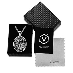 VENICEBEE® Saint Joseph Medal St. Joseph Father with Son Jesus Christ Devotional Christian Amulet Solid 925 Sterling Silver Pendant Necklace + Velvet Pouch, Polishing Cloth, Fine Gift Box