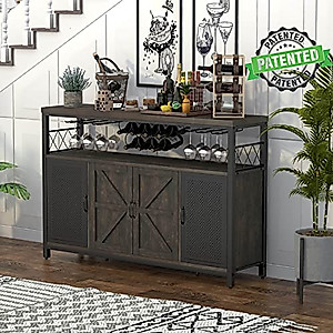 Aubtik Industrial Wine Bar Cabinet for Liquor and Glasses, Rustic Sideboard and Buffet with Wine Rack, Farmhouse Coffee Bar Cabinet with Storage (Walnut Brown)