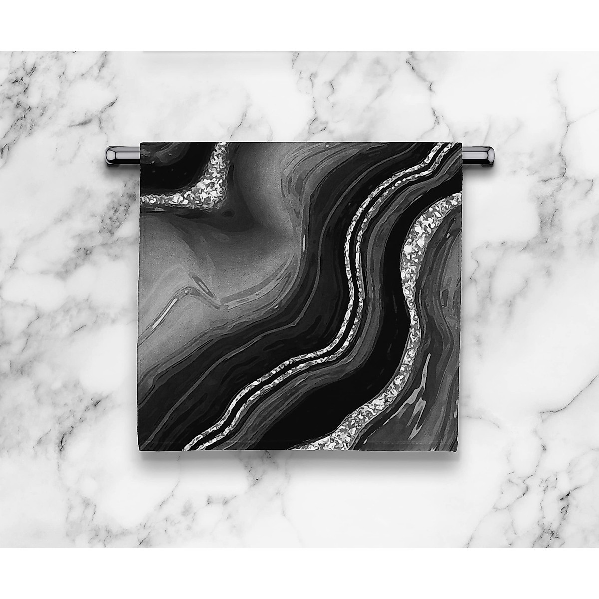Black and Silver Marble Print Hand Towel - Faux Agate Print Kitchen Towel - Bathroom Hand Towel - Cotton Terry Cloth - 15"x25"