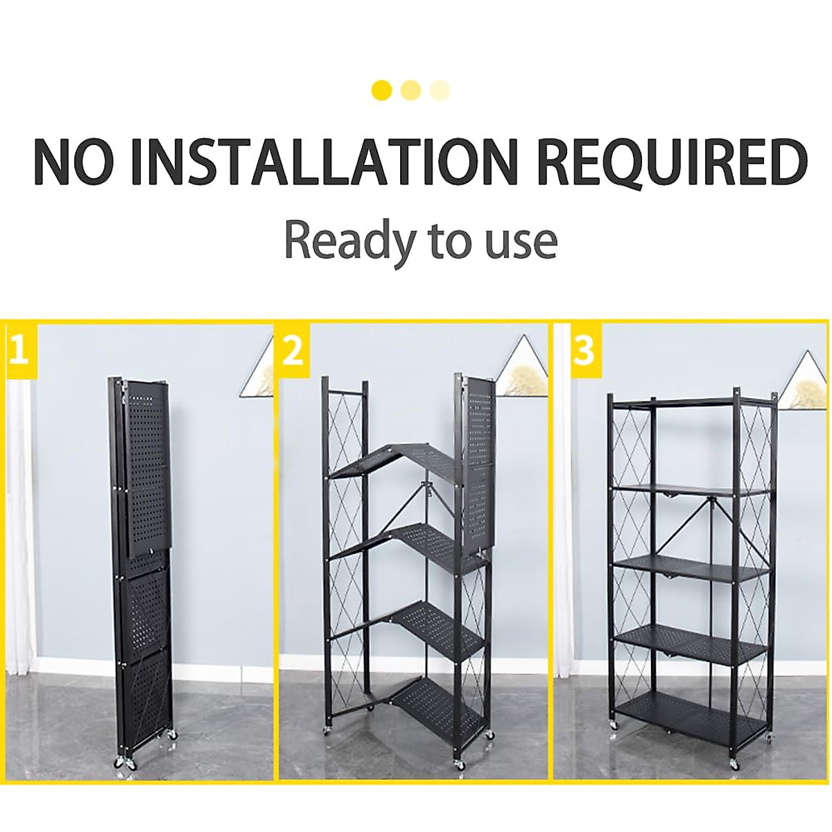 Jurbnlp 3-Tier Multipurpose Folding Shelf Storage Shelves Heavy Duty Foldable Metal Shelving Units Racks with Lockable Wheels No Assembly Required Great for Kitchen and Garage Shelf Black