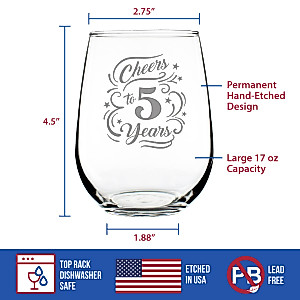 Cheers to 5 Years - Stemless Wine Glass Gifts for Women & Men - 5th Anniversary Party Decor - Large 17 Oz Glasses