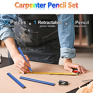 14 Pieces Carpenter Pencil, 7 Inches Flat Octagonal Hard Black Carpenter Marking Pencils with Pencil Sharpener and Silicone Heavy Duty Retractable Pen Holder for Woodworking Marking Tool