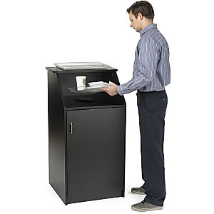 Displays2go Commercial Trash Bin with Black Finish, MDF Construction, Melamine Finish, Circular Cutout - Hinged Door (LCKDTLCSBK)