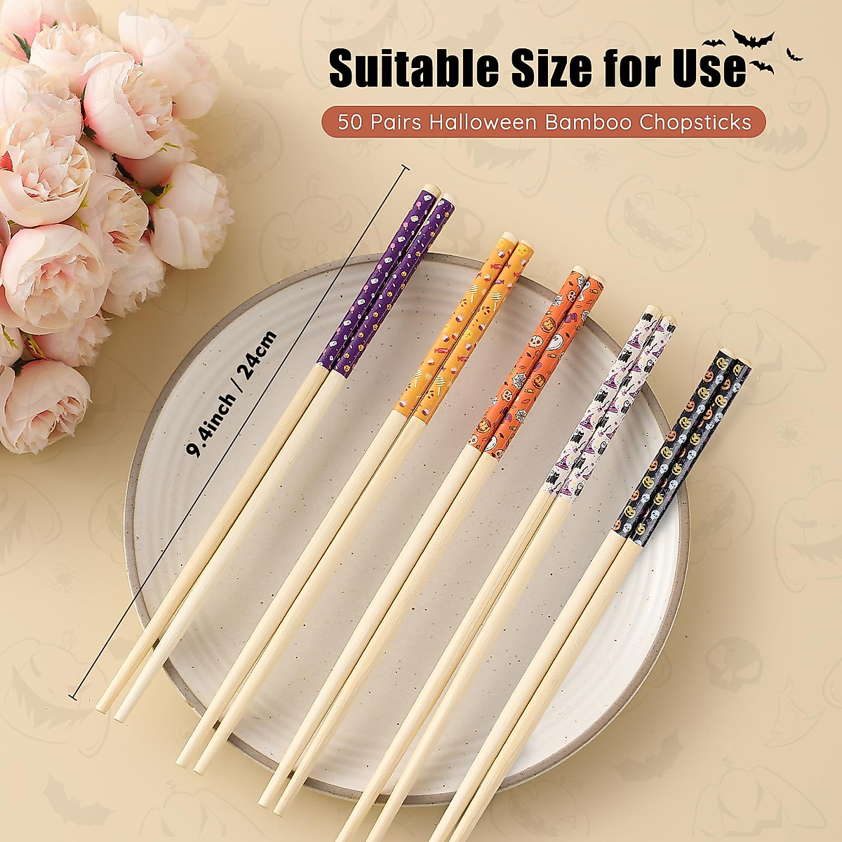 Halloween 50 Pairs 9.4Inch Bamboo Disposable Chopsticks - Sleeved and Separated, Party Gifts