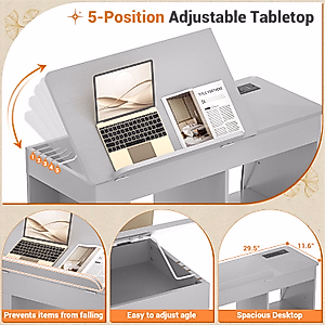 Cyclysio Adjustable End Table, Mobile Side Table with Power Outlets, 3-Tier Laptop Table with Adjustable Top Board, Storage Bedside Table with LED Lights, Rolling End Table, Livingroom, Bedroom, Grey