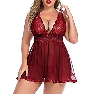 Avidlove Plus Size Lace Babydoll Lingerie For Women Sexy Nighty Mesh Deep V Sleepdress Cardinal Red