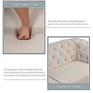 Merax Mid-Century Modern 3 Seater Sofa with Thick Removable Seat Cushion, and Rubber Wood Legs, Velvet Upholstered Couch for Living Room, Bedroom, or Small Space, Beige