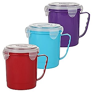 Home-X - Microwave Soup Mug Set with Secure Snap Close Vented Lids, 22 oz Mugs Allow You to Heat and Eat Soups, Noodles, Hot Cereal and More in a Single Container, Set of 3, Red, Blue and Purple