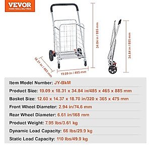VEVOR Folding Shopping Cart, 110 lbs Static Load Capacity, Grocery Utility Cart with Rolling Swivel Wheels, Heavy Duty Foldable Laundry Basket Trolley Compact Lightweight Collapsible Luggage, Silver