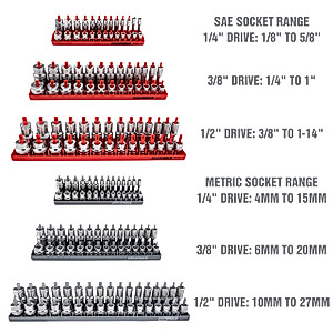 OEMTOOLS 22413 6 Piece SAE and Metric Socket Tray Set, SAE and Metric Socket Storage for Sizes 1/4", 3/8”, and 1/2" Drive, Socket Holders and Socket Organizer Tray for Toolbox, Red/Grey