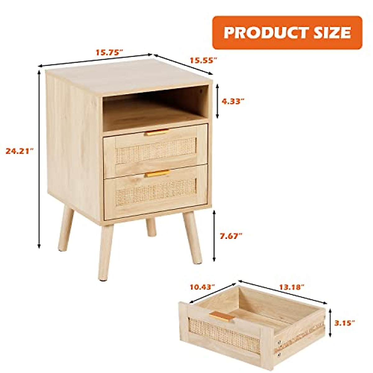 AILEEKISS Rattan Nightstands Set of 2 with Wireless Charging Station Modern Bedside Tables with Solid Wood Feet Night Stands Set of 2 with Drawers and Open Storage Shelf for Bedroom (Natural 2 Sets)