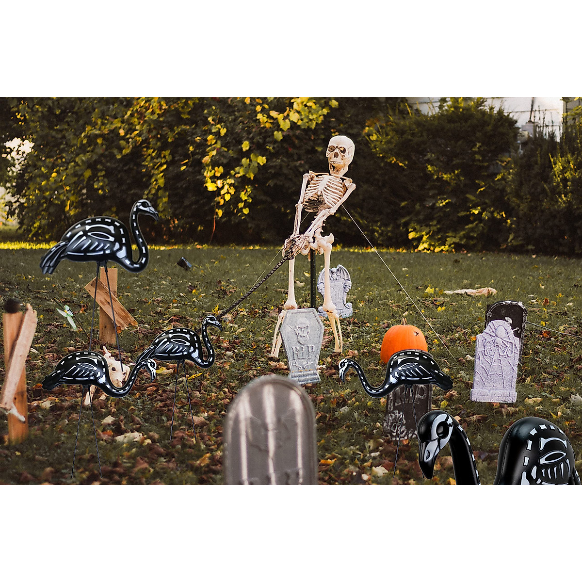 GiftExpress 4-Pack Small Halloween Flamingo, Black Flamingo Skeleton, Zombie Flamingos, Skull Flamingo with Stakes for Halloween Lawn Ornaments, Spooky Graveyard Decorations