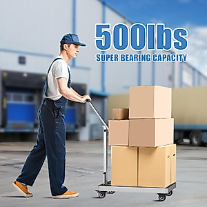 YZNKLXF Folding Hand Truck, 500lbs Stainless Steel Foldable Dolly Cart with 4 Wheels & 2 Elastic Ropes for Luggage for Luggage, Travel,Moving and Office Use, Shopping