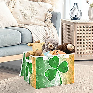 Kigai Saint Patrick Clover Green Shamrock Storage Basket with Lid Collapsible Storage Bin Fabric Box Closet Organizer for Home Bedroom Office 1 Pack