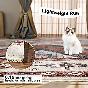 Area Rug Living Room Rugs - 9x12 Large Machine Washable Boho Carpets Vintage Persian Tribal Anti Slip Backing Thin Carpet for Under Dining Table Bedroom Farmhouse Home Office Red