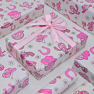 Vnaaem Western Cowgirl Wrapping Paper 6 Pcs Pink Disco Cactus Cow Boots and Hat Patterns for Girls Music Fans Women Birthday Baby Shower Party DIY Crafts Gift Packing 19.6 X 27.8 Inch