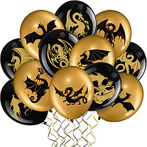 50 Pieces Dragon Theme Party Supplies, Dragon Theme Party Balloons, Black Gold Dragon Balloons Birthday Decoration Dragon Theme Party Picks Fantasy Party for Dragon Fantasy Party Supplies, 12 Inches