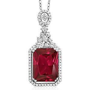 Gem Stone King 925 Sterling Silver Red Created Ruby Pendant Necklace For Women (5.60 Cttw, Emerald Cut 14X10MM, with 18 Inch Silver Chain)
