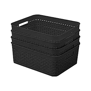 LIQIU 4-Pack Plastic Storage Basket Bins,Plastic Storage Baskets for Organizing,Weave Basket Organizer for Kitchens,Classrooms,Bathroom(12.2" × 10" × 4.5",Black).