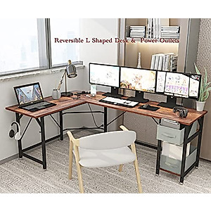 SZXKT L Shaped Desk with Power Outlets,66 inch Corner Computer Desk with Drawers,Gaming Desk Home Office Writing Study Table Reversible L Desk with Storage Shelves and Hooks(Rustic Brown)