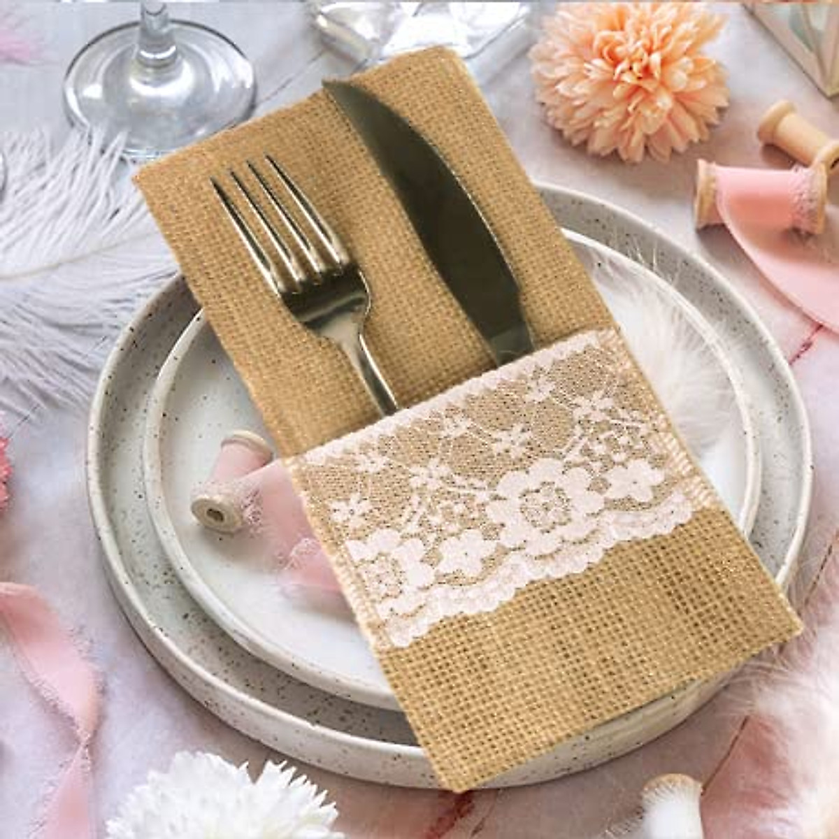 FQTANJU 50 PCS 4"x8" Hessian Burlap Lace Wedding Cutlery Holder Pouch Rustic Decorations Favor