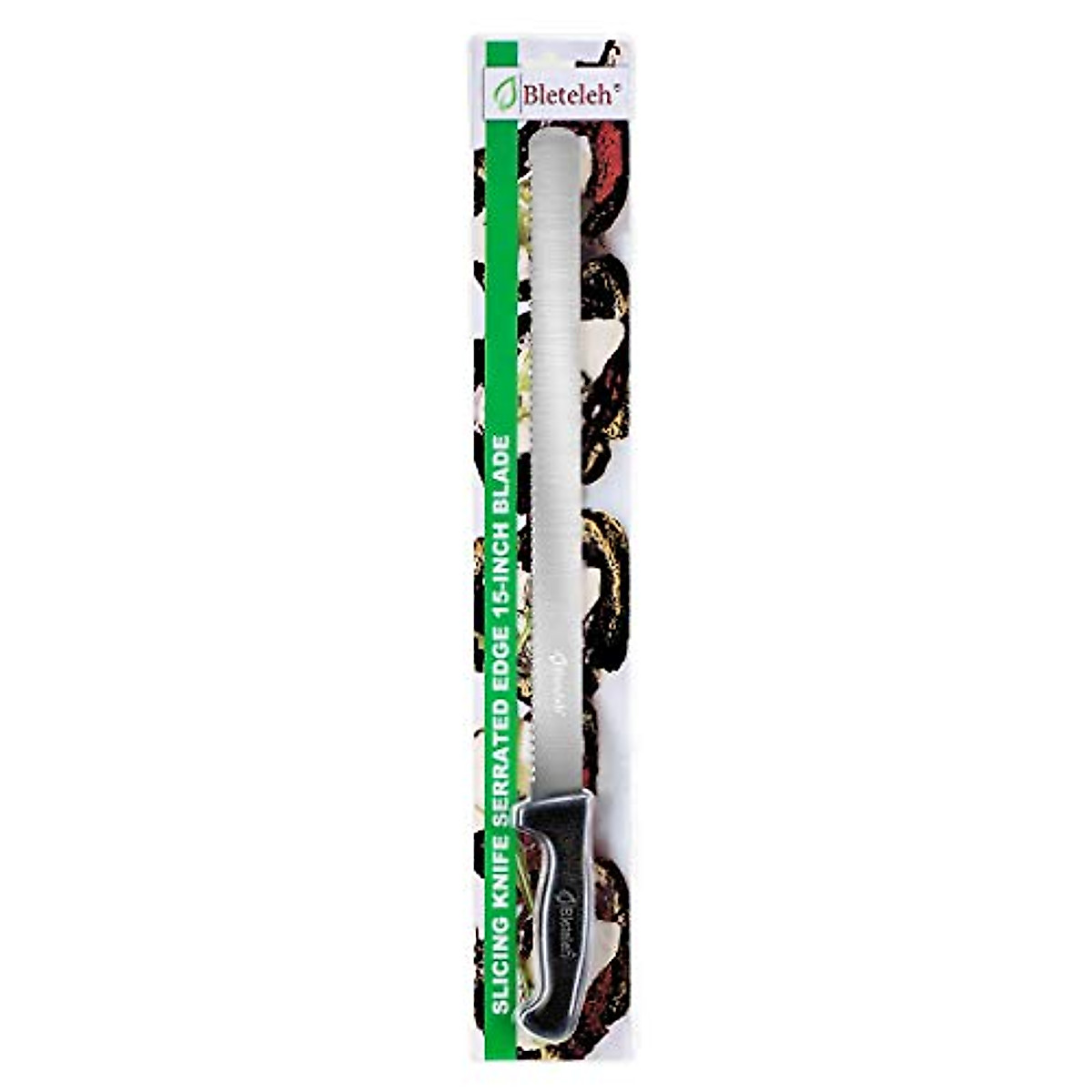 Bleteleh Extra-Long 15-Inch Blade Slicing Knife Serrated Edge, Black Handle