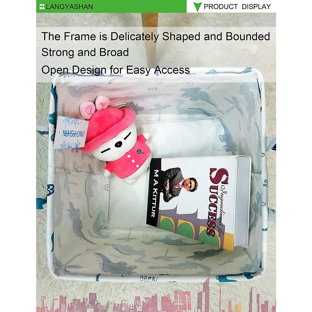 LANGYASHAN Square Storage Baskets Waterproof Canvas Children Laundry Nursery Hamper for Shelves Gift Baskets Toy Organizer Room Decor (Square Dinosaur)