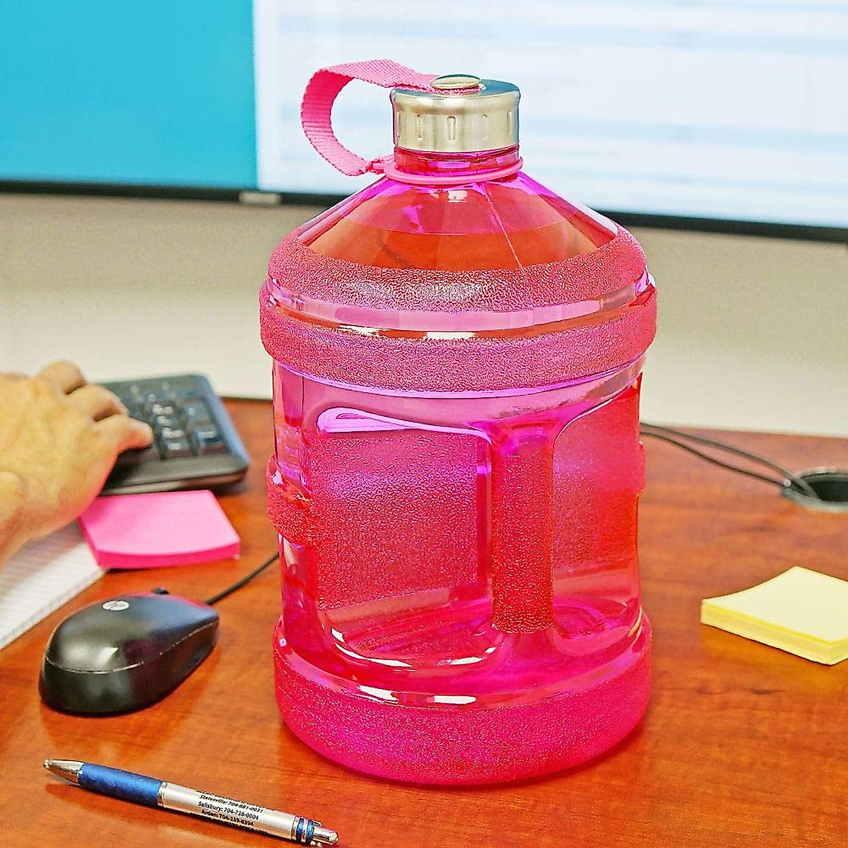 1 Gallon BPA Free Plastic Water Bottle for Cold Liquids With Attached Leak Proof Screw Lid - For Gym Office Daily Use, Pink