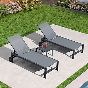 PURPLE LEAF Outdoor Chaise Lounge with Wheels for Outside 2 Pieces Aluminum Patio Lounge Chair with 5 Adjustable Position for Outdoor, Beach, Yard, Pool, Side Table Included, Grey