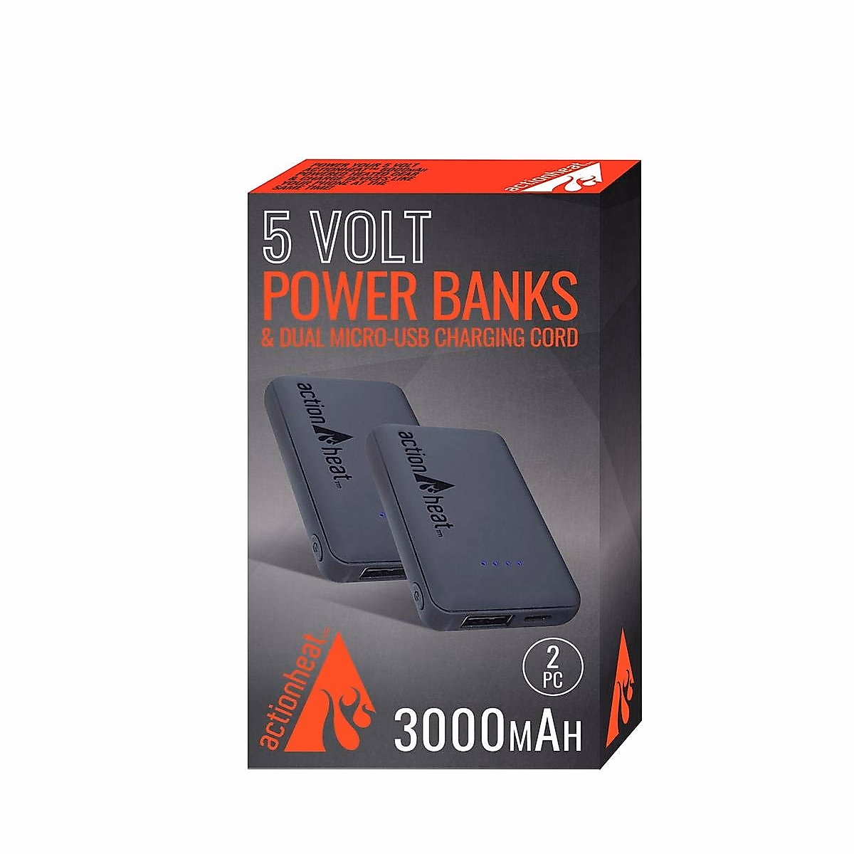 ActionHeat Portable 5V Power Bank 3000mAh Kit – Dual, Two Li-Poly Rechargeable Batteries for Heated Garments and Charging Tablets, Smartphones – Black