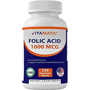 Vitamatic Folic Acid 1000 mcg (1 mg) - Vegetarian Tablets - 1667 mcg DFE - Vitamin B9 (240 Count (Pack of 1))