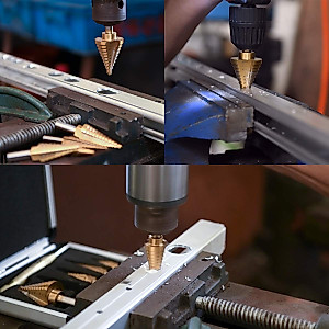 HYCLAT 5PCS Step Drill Bit Set & 1PC Automatic Center Punch | Titanium High-Speed Steel (HSS) Stepper Cone Drill Bit | Covering 50 Sizes(1/8''-1 3/8''), 135 Degree Point, with Aluminum Case