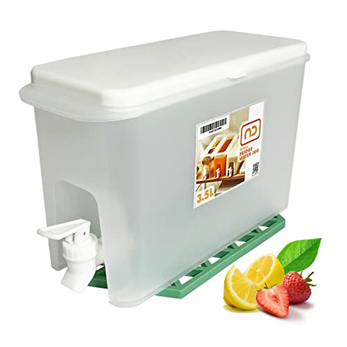 NDBOX Slim Drink Dispenser for Fridge with Spigot and Large Silicon Trivet - Spacesaver 0.92Gal Container (White Jug 1pc + Silicone Trivet)