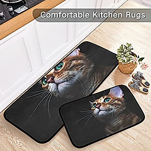 Bengal Cat Kitchen Rugs and Mat 2 Pieces Set Cushioned Anti Fatigue Kitchen Mat Non Slip Doormat Runner Carpet Washable Farmhouse Decor for Home Kitchen Hallway Bedroom
