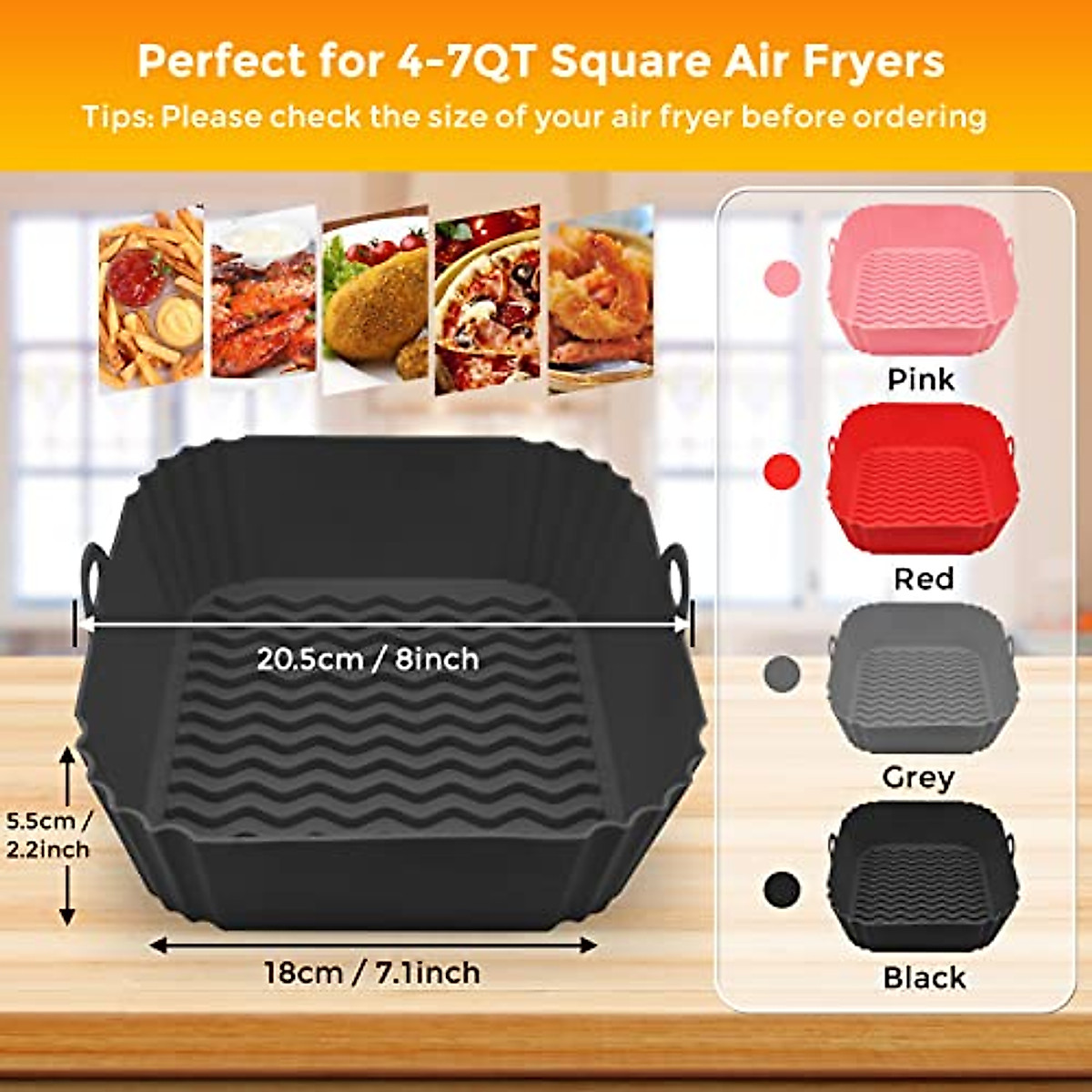 Silicone Air Fryer Liners, 8'' Square 4 to 7 QT Reusable Heat Resistant Food Grade Airfryer Silicone Liners Inserts Baskets Bowl Accessories for COSORI Instant Vortex CHEFMAN Air Fryer Oven Microwave