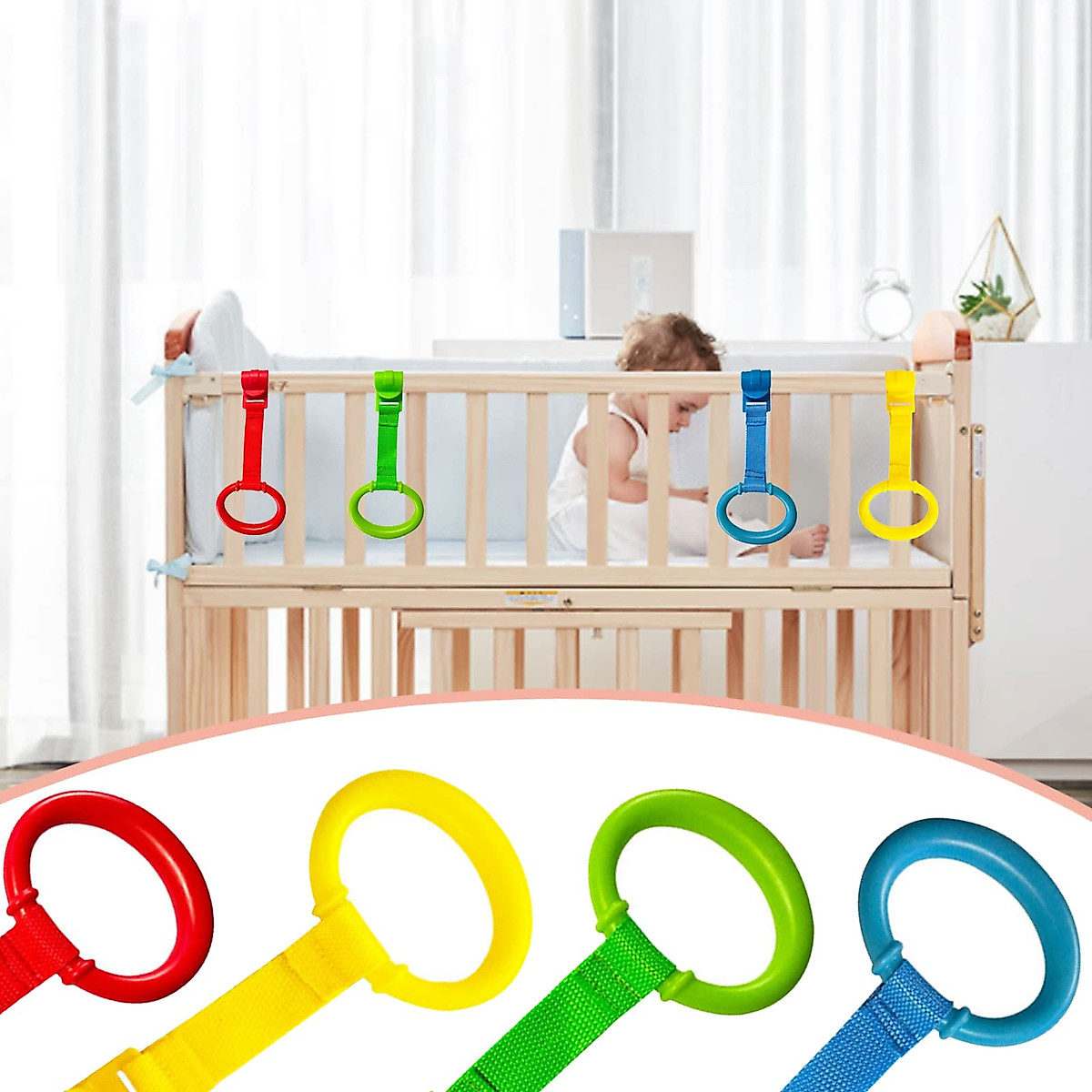 4 Pieces Baby Crib Pull Ring Baby Stand Up Walker Tool Ring Baby Bed Stand Up Rings Walking Assistant Toddler Activity Kids Walking Training Tool