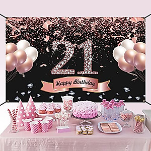 Trgowaul 21st Birthday Decorations for her - Rose Gold 21st Birthday Backdrop for Women 21st Birthday Party Supplies Photography Supplies Background Happy 21st Birthday Banner